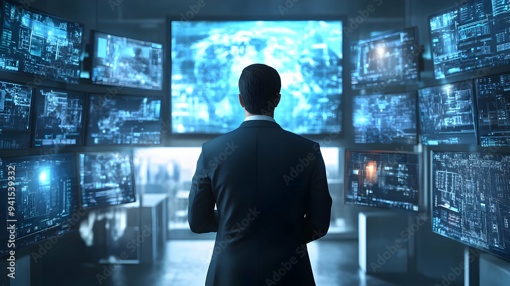 3D Icon as Security guard using a glossy surveillance system in a ...