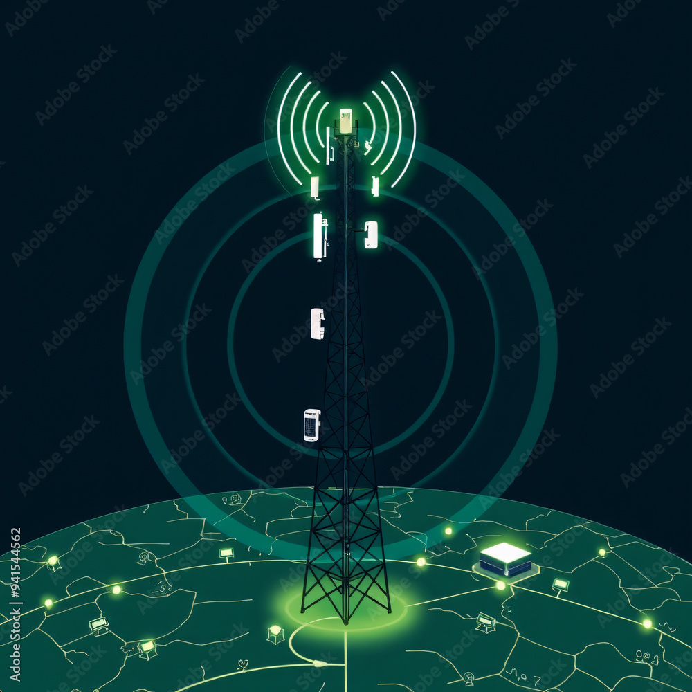 A cell tower emitting signal waves over a network map, showcasing the ...