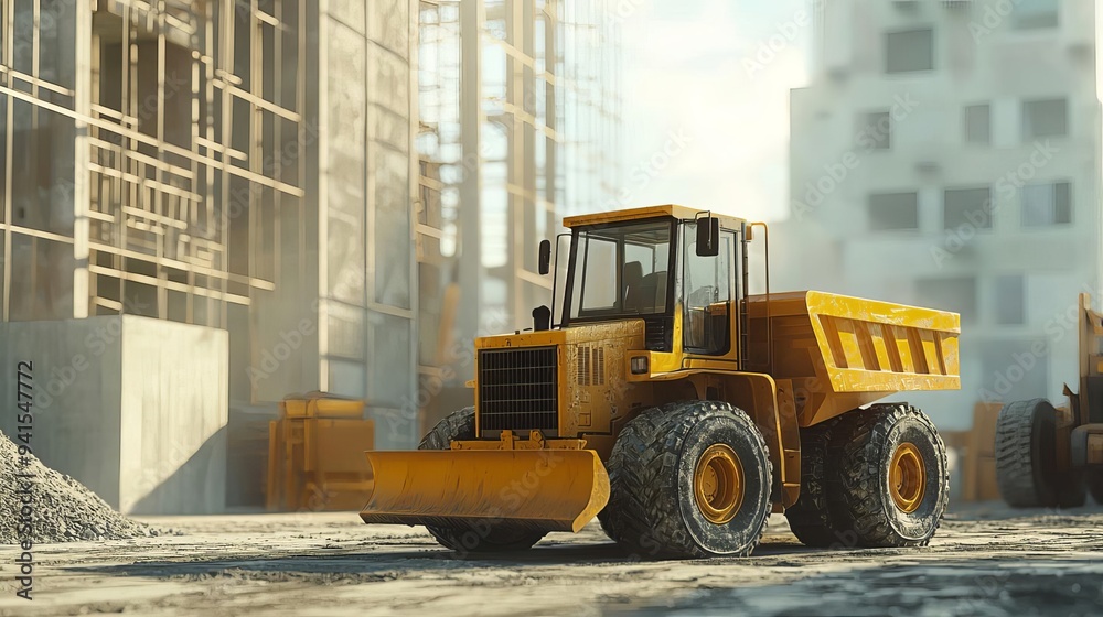 Heavy-duty yellow construction vehicle parked at a building site, ready ...