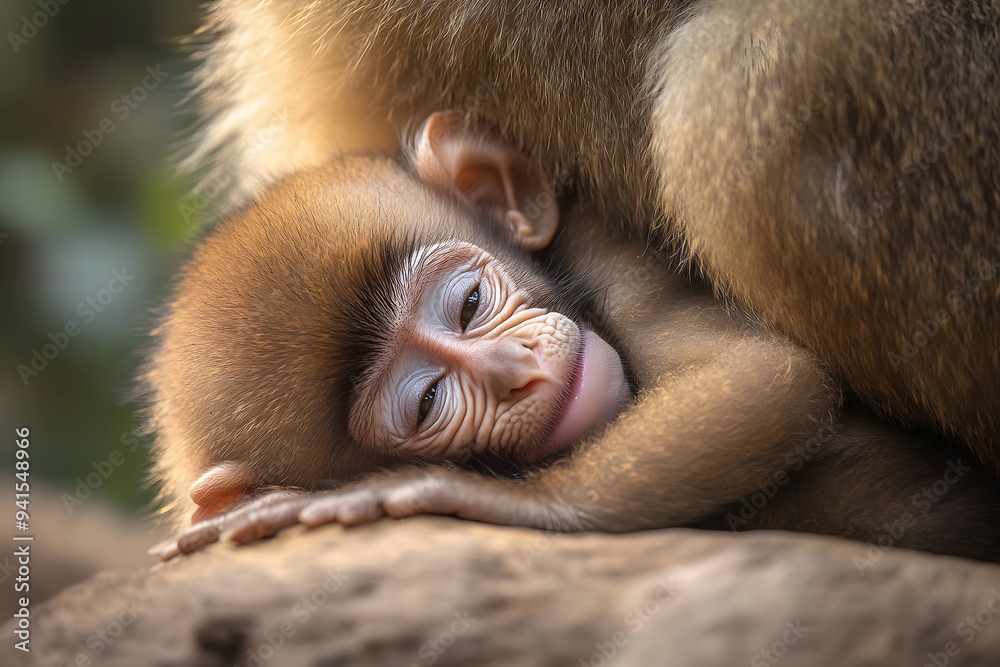 Funny baby monkey having fun while lying on belly of fluffy female ...