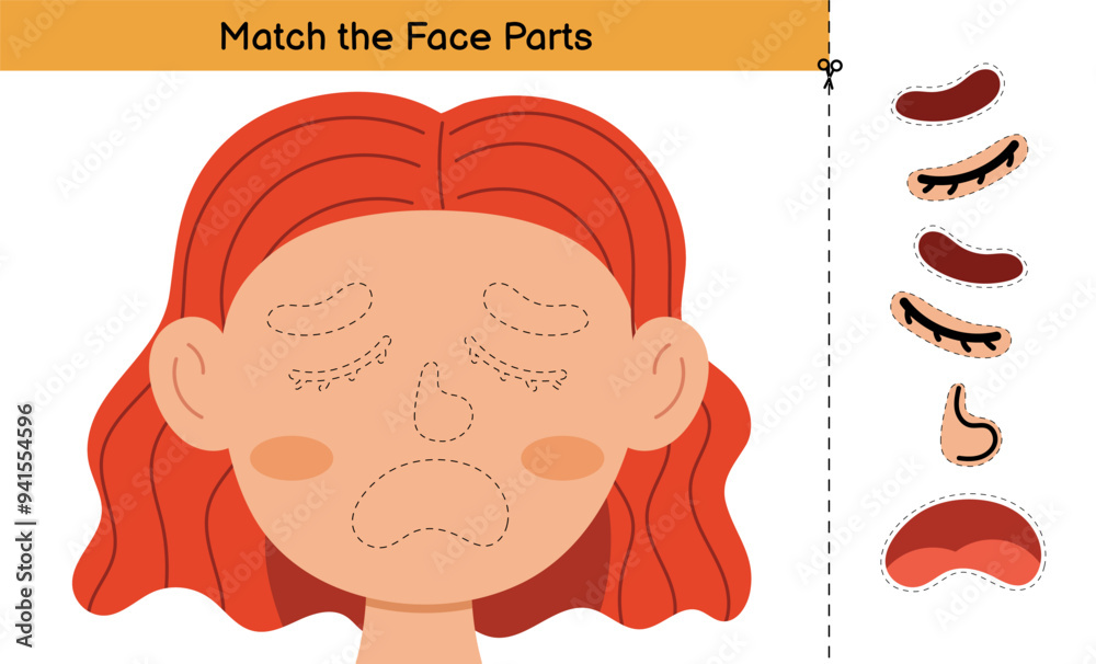 Face Parts cut and glue game with a cute girl. Educational activity ...