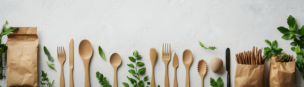 Photo Realistic as Eco friendly utensils and compostable packaging with ...