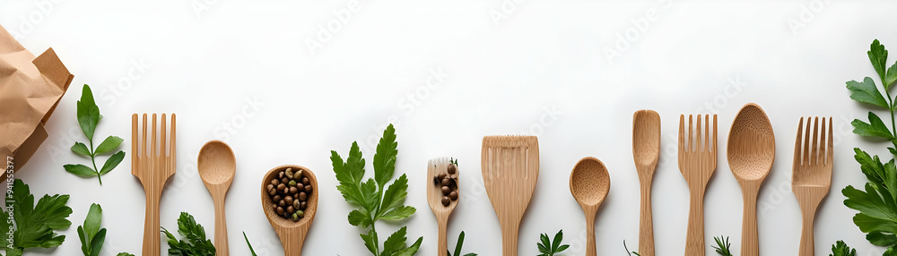 Photo Realistic as Eco friendly utensils and compostable packaging with ...