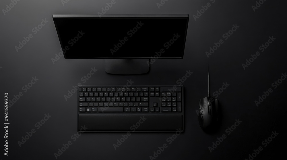 Dark Minimalism: A sleek black computer setup on a matte black desk ...
