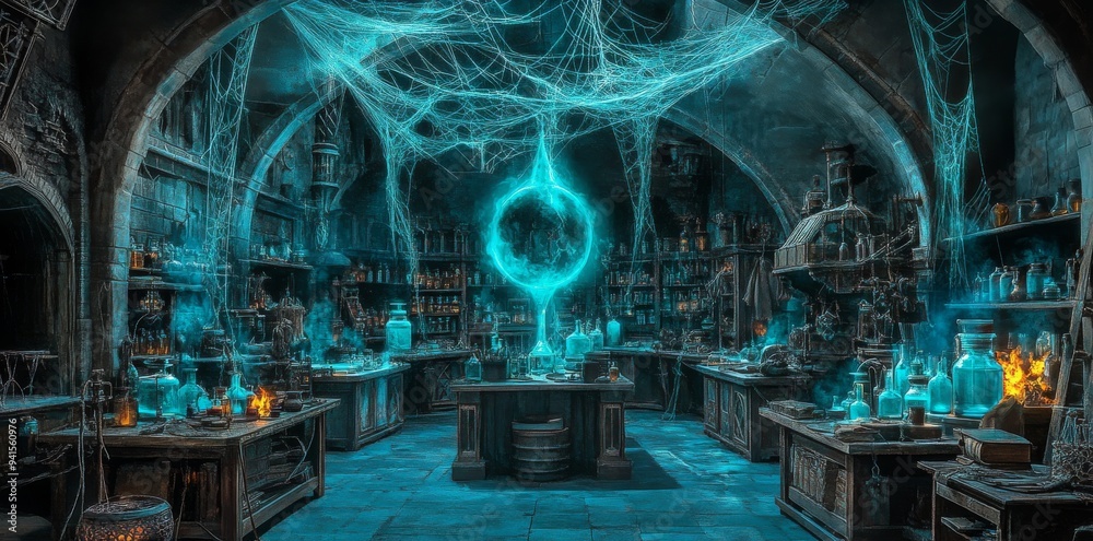 Magical medieval alchemy lab with glowing bottle potions, ancient ...