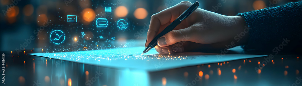 Photo Realistic as Hand Signing Contract with Holographic Document Icon ...