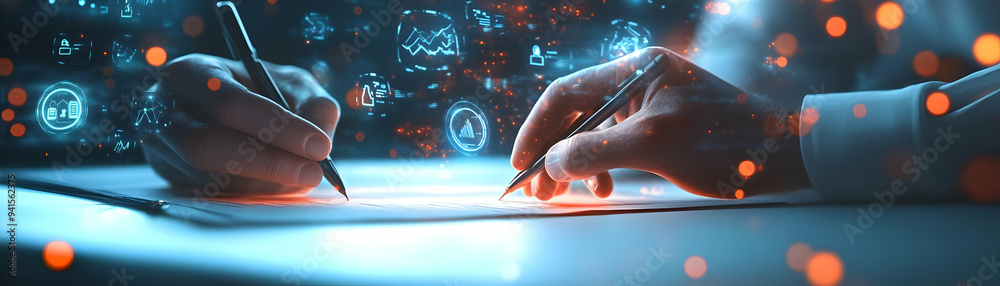 Photo Realistic as Hand Signing Contract with Holographic Document Icon ...