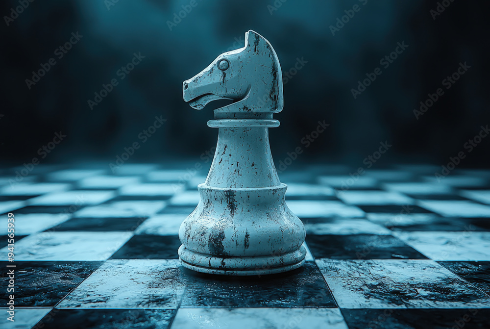 Large damaged and abandoned classic white chess knight in pitch ...