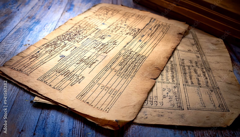 Old ledger paper with faded handwritten symbols, pale yellows and blues ...