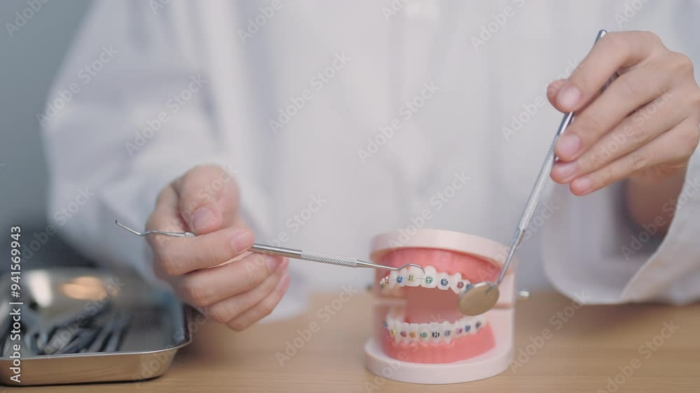 Dentist with Orthodontic tooth model and bracket or brace. Clean and ...