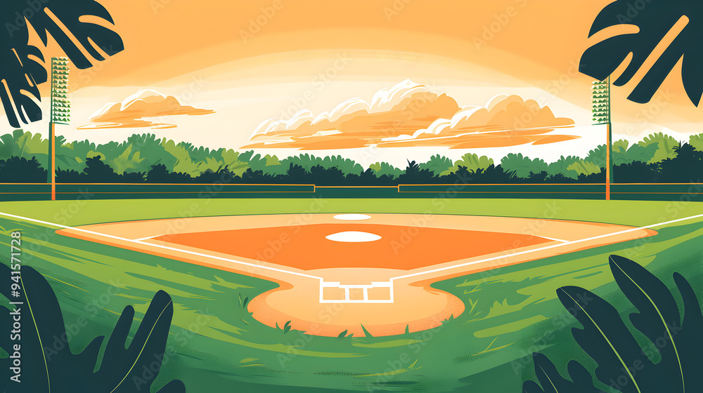 A flat vector illustration for a baseball field background, showing a ...