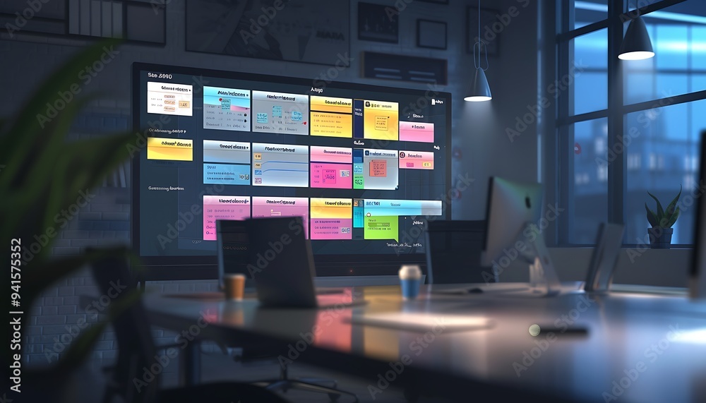 Task Management Board with Completed Tasks Displayed on Large Screen in ...