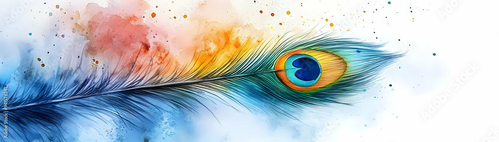 Photo Realistic as Watercolor painting of a peacock feather and Sharad ...