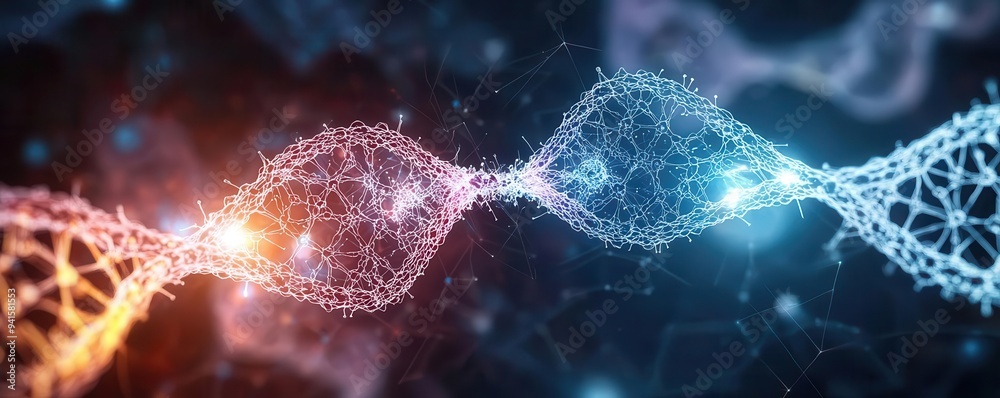 Chromosomes splitting in a cell, digital visualization of DNA, colorful ...