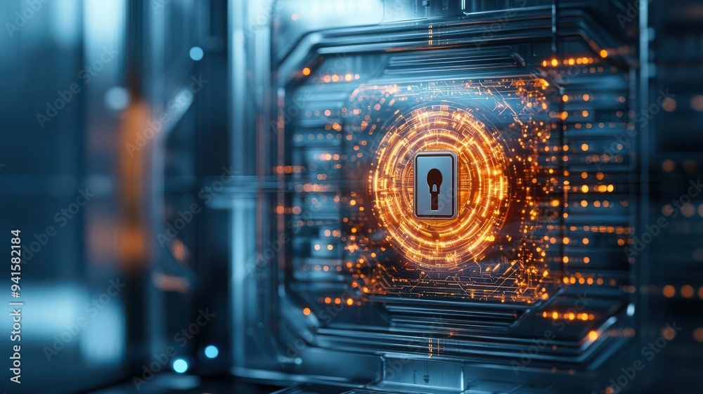 Holographic lock embedded in a futuristic vault door, glowing patterns ...
