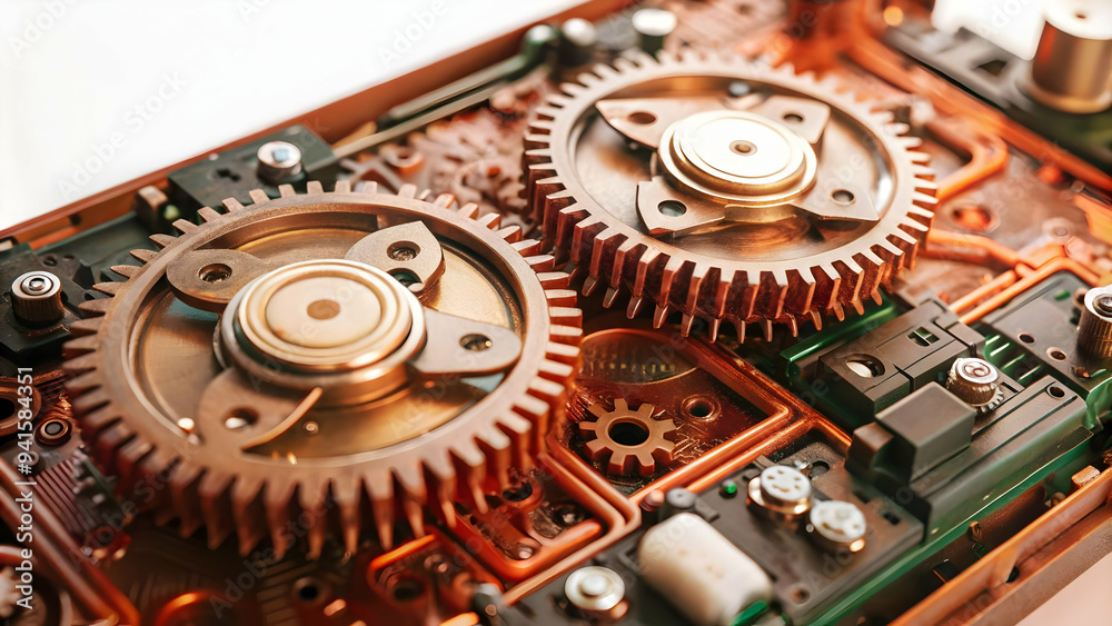 Interconnected gears with digital circuits on an isolated white ...
