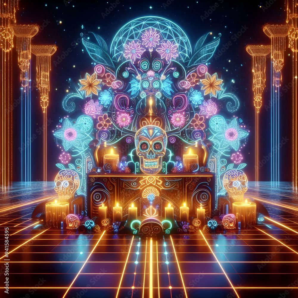 Neon Altar with Digital Glowing Elements concept as An abstract digital ...