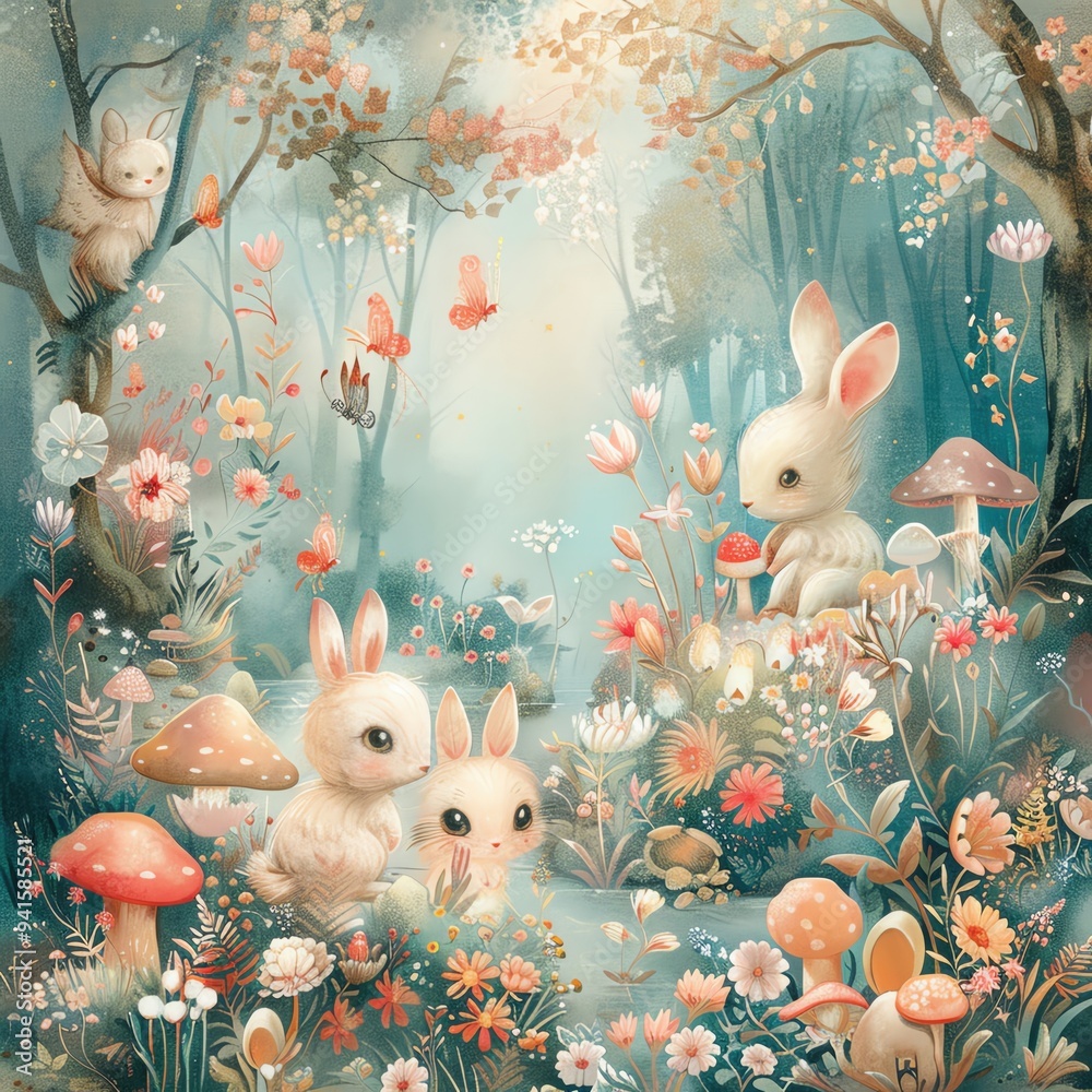 Whimsical forest with magical creatures, perfect pastel tone, whimsical ...