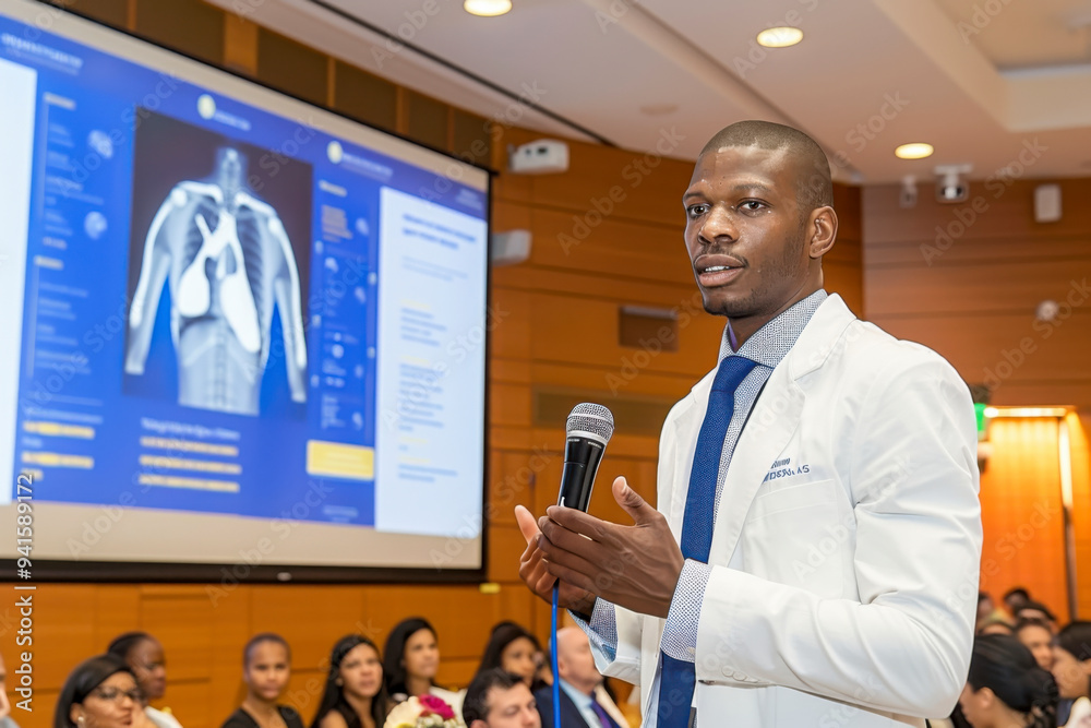 Medical professional presenting to an audience with a visual aid in a ...