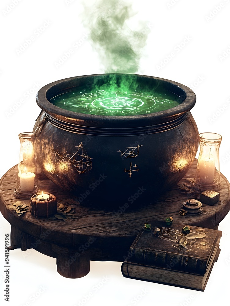 Ornate Witch s Cauldron Emitting Eerie Green Mist with Mystic Symbols ...