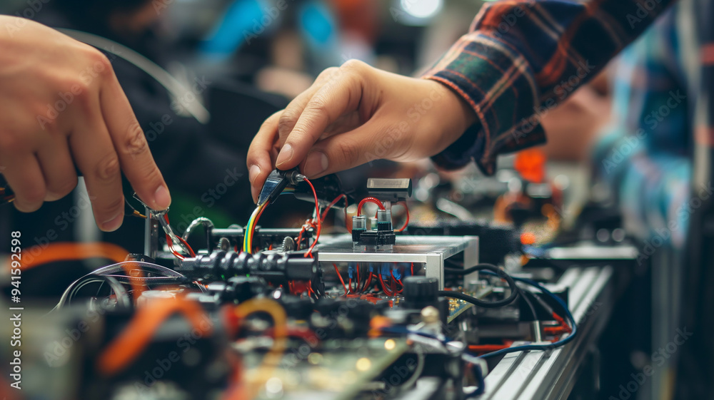 Robot wiring adjustment close-up, blurred competition background ...