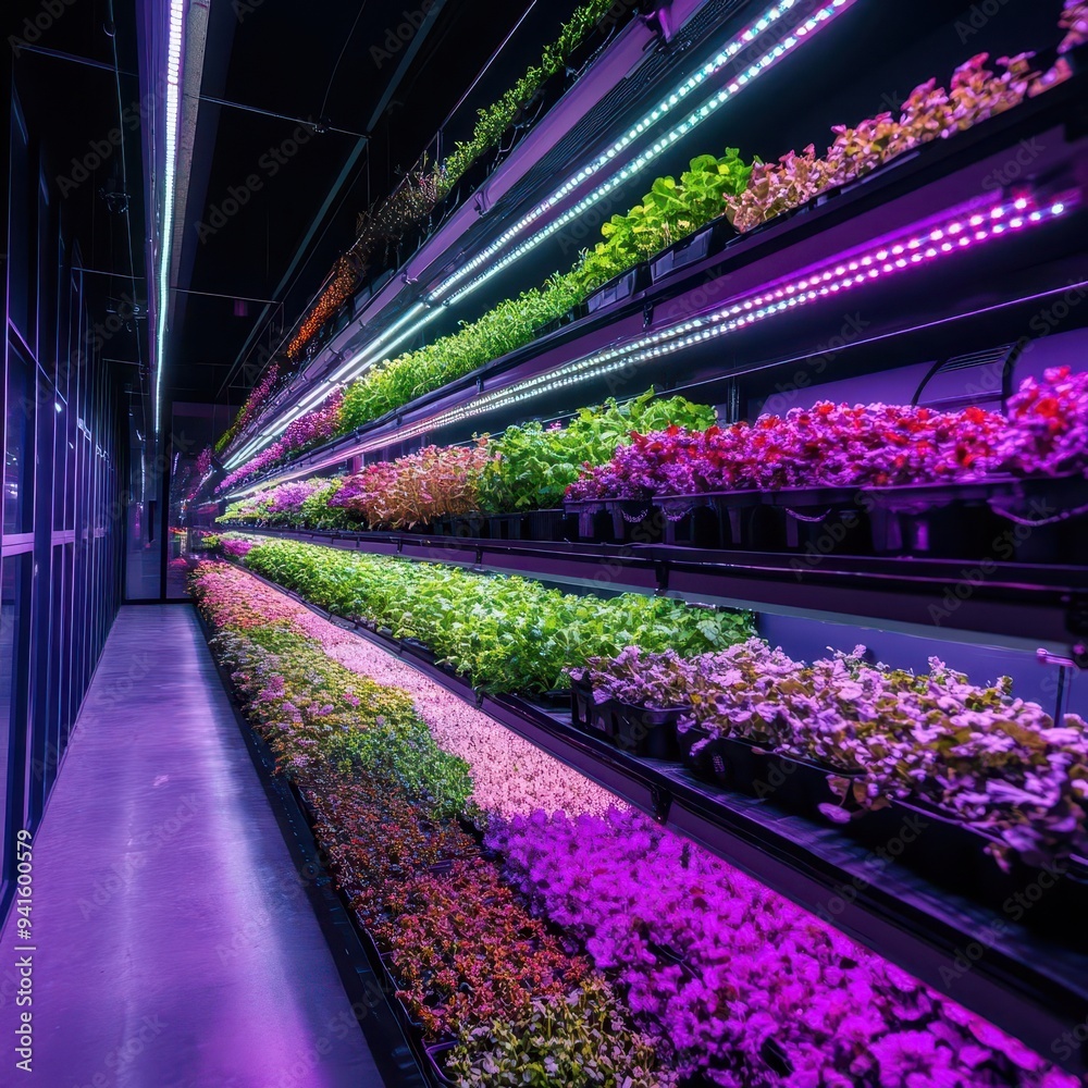 Vertical hydroponic farm with LED lighting in futuristic greenhouse ...