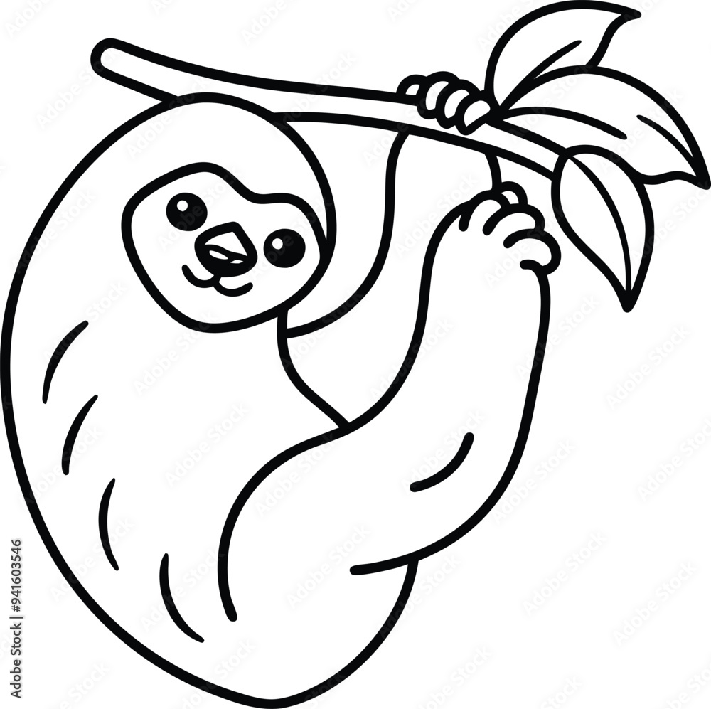 Adorable sloth hanging from a tree line drawing perfect for kids to add ...