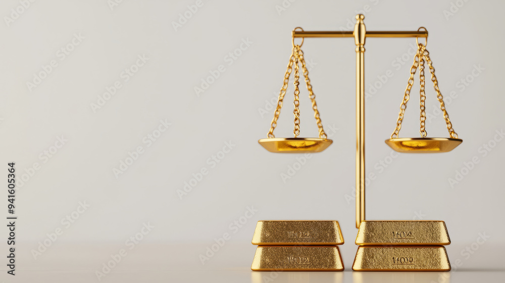 Gold scales symbolize balance and justice, with gold bars representing ...