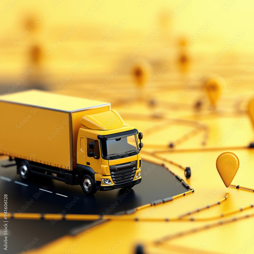 Yellow delivery truck on a logistics network map with location pins ...