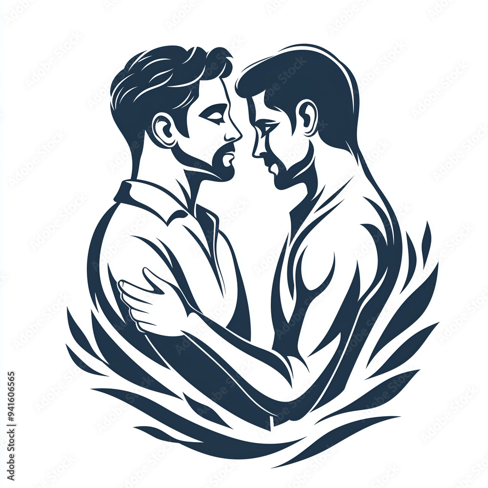 stylized, monochromatic illustration of two men embracing each other in ...