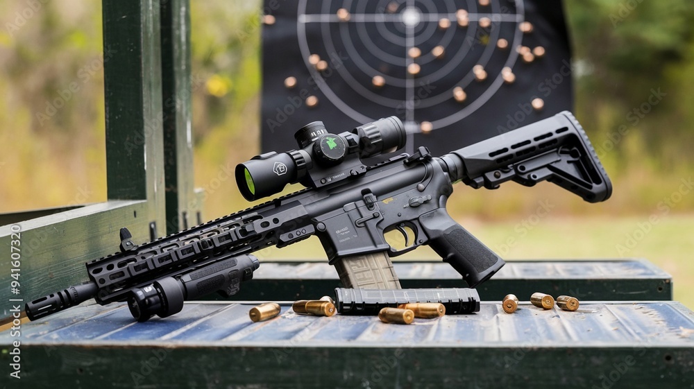 AR-15 rifle with holographic sight on a shooting range bench Stock ...