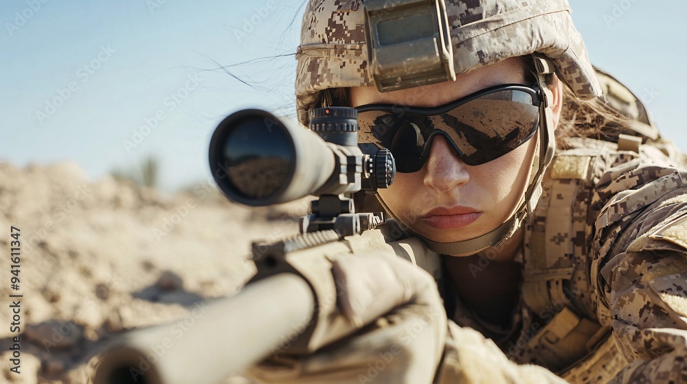 Female soldier in desert combat gear kneeling aiming rifle focused ...