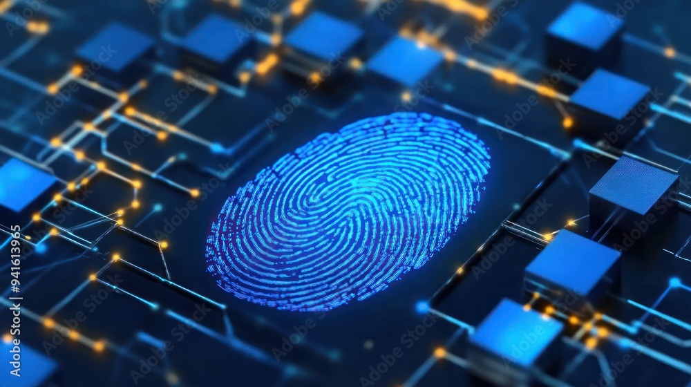 3D blue fingerprint on digital cube board background showcasing digital ...