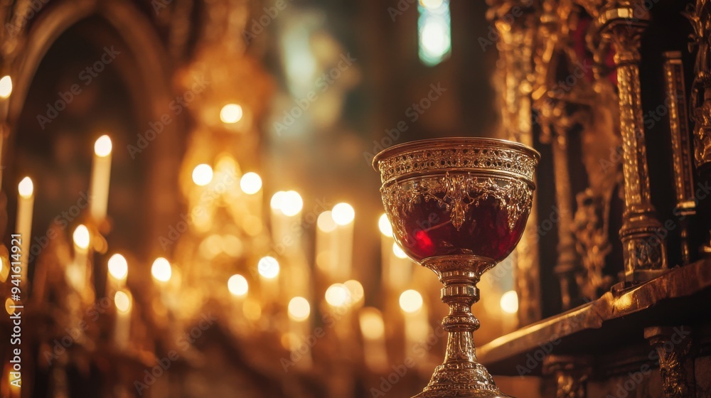 Sacred Ritual: A silver chalice filled with red wine gleams amidst ...