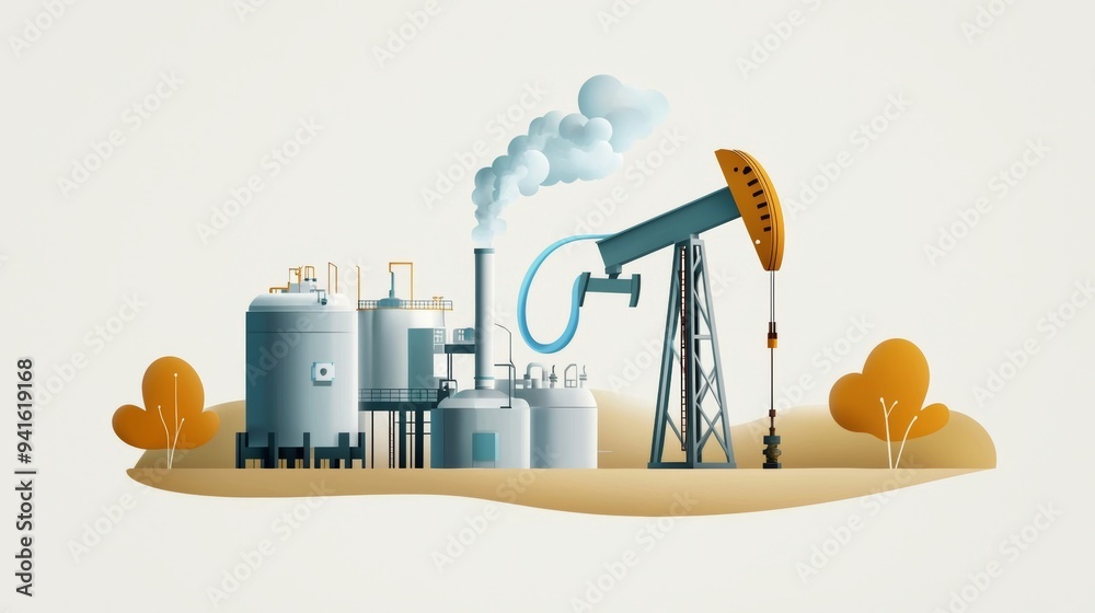 Stylized flat design of a CO2 capture facility linked to an oil well ...