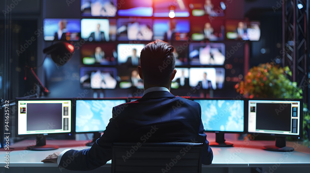Political Analyst Studio Desk with Multiple Monitors Showing News ...
