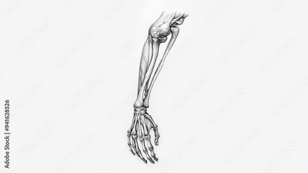 encyclopedia sketch of the bones and muscles in a human arm ...
