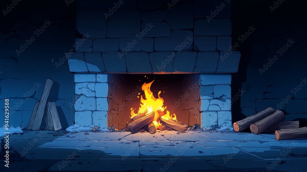 A cartoon-style illustration of a cozy fireplace with burning logs, set ...