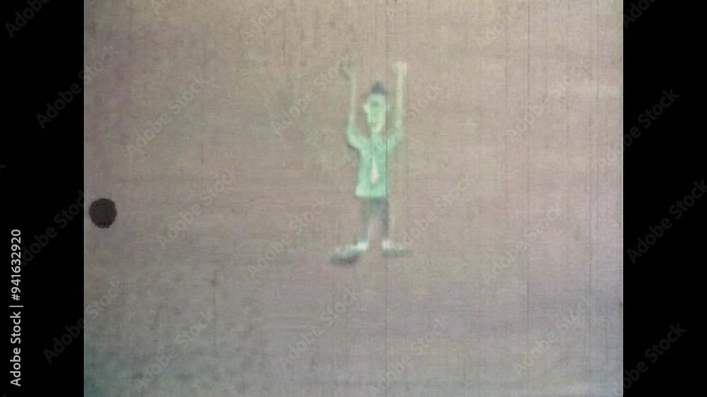 Archival vintage film, drawn cartoon man character moving funny, dances ...