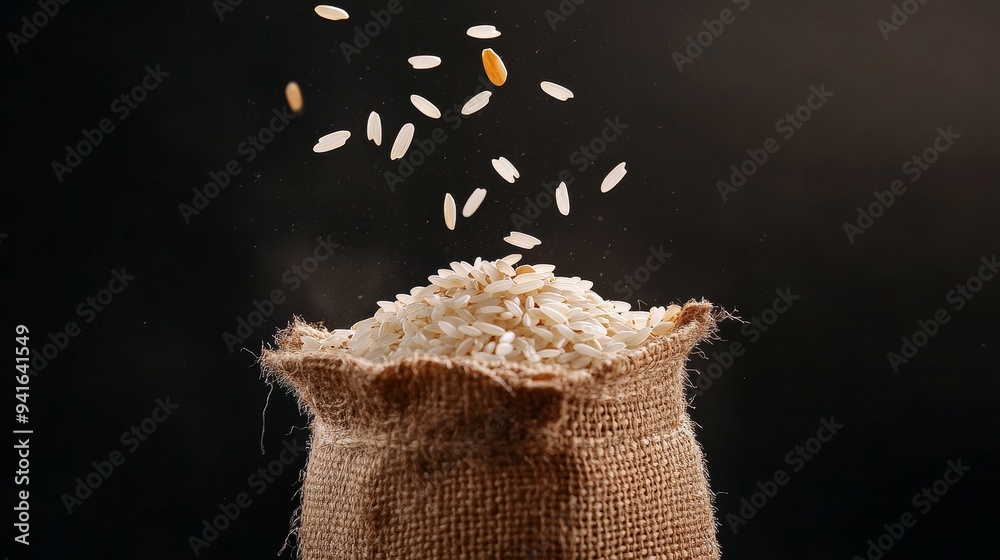 A close-up shot of white rice falling from a burlap sack against a ...