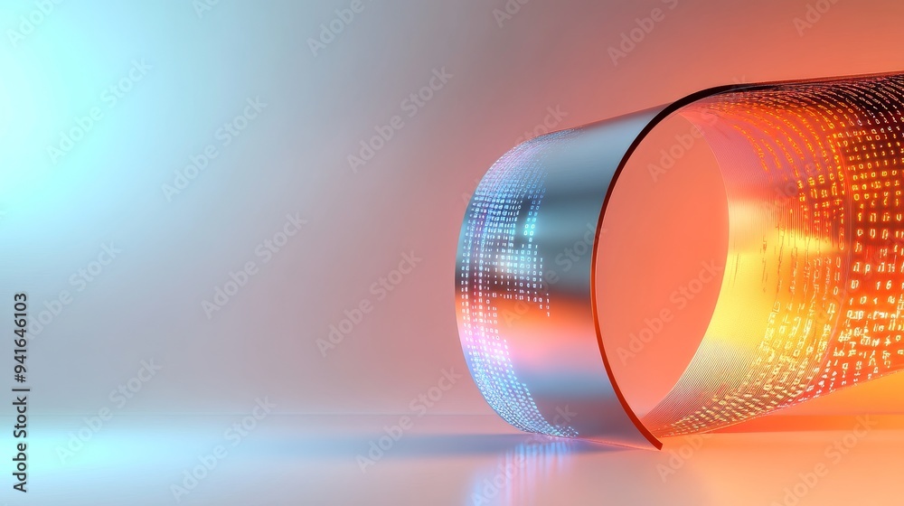 A digital code scroll is bent into a circle shape, with glowing blue ...