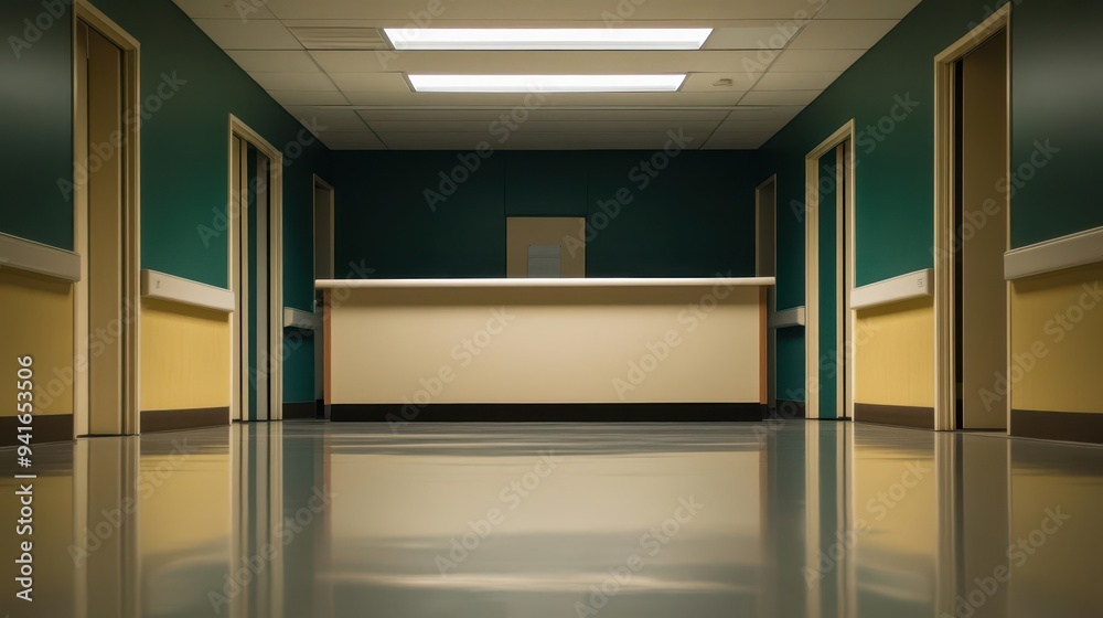 An abandoned hospital reception desk at night, with a faint reflection ...