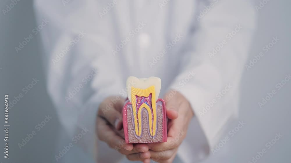 Dentist with tooth Anatomy model. Oral Teeth decay and disease, Scrape ...