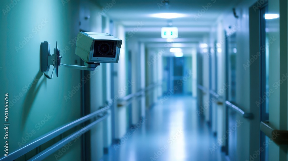 A quiet hospital hallway at night, with an unfocused security camera in ...