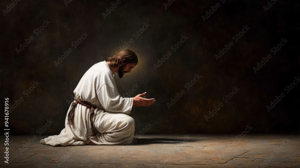 A solitary figure of Jesus Christ kneels in prayer, hands outstretched ...