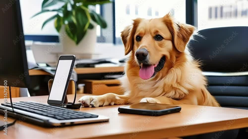 Golden Retriever dog sitting on office chair with a computer keyboard ...