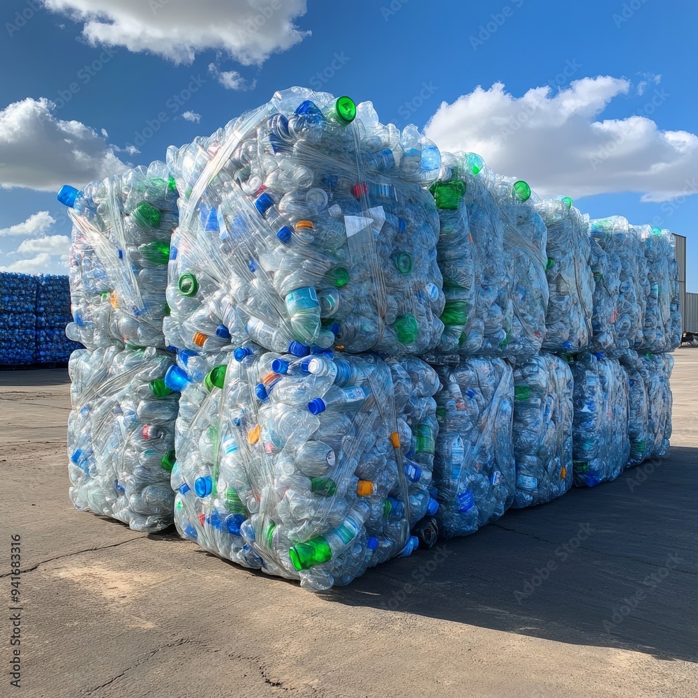A stack of tightly compressed bales of recycled plastic bottles ...