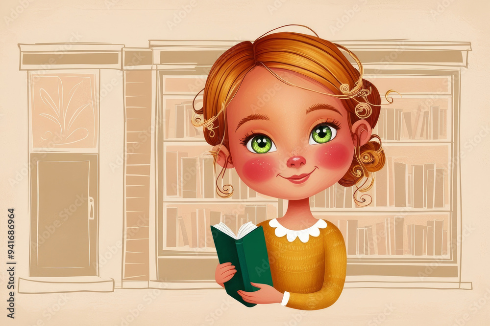 Cute girl holding book. Back to school cartoon illustration. Happy ...