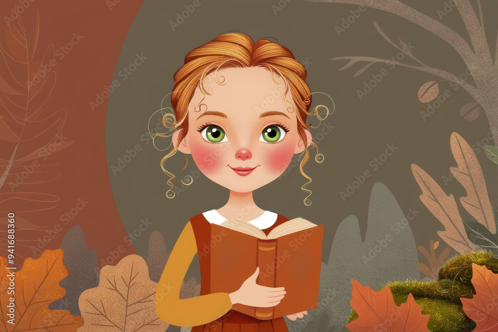 Cute girl holding book. Back to school cartoon illustration. Happy ...