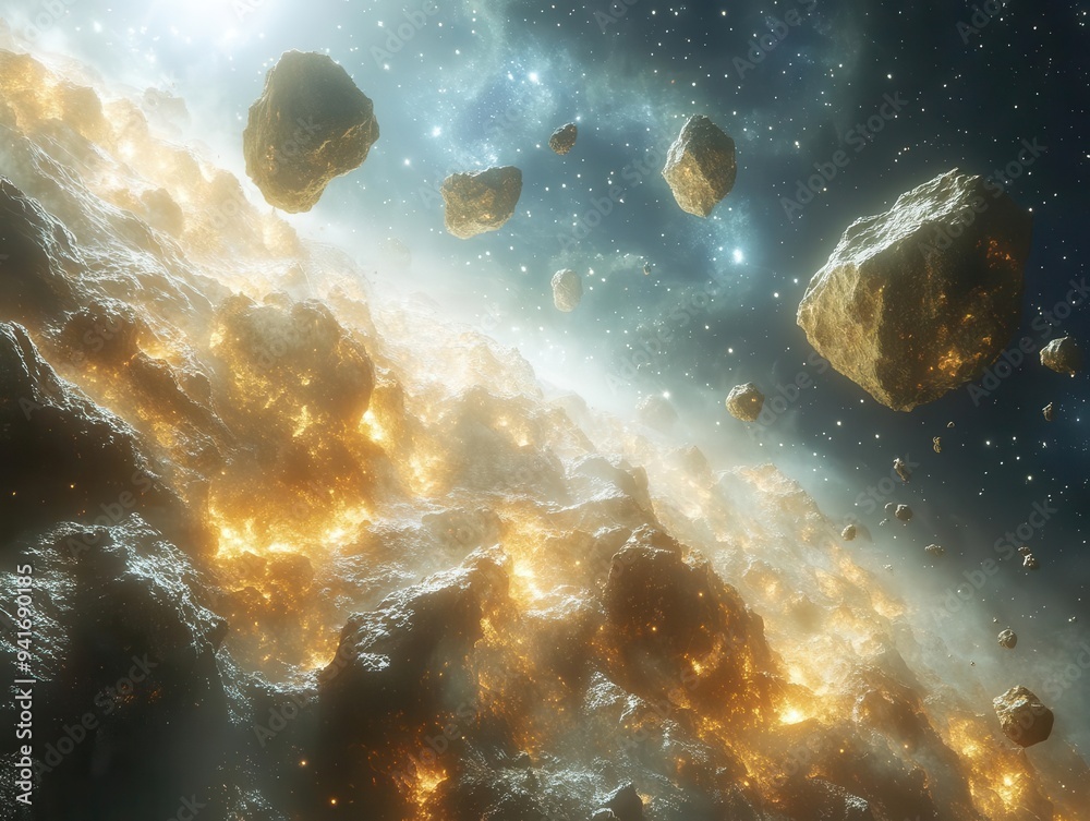 celestial asteroid field hyperdetailed space rocks of varying sizes and textures float against ...